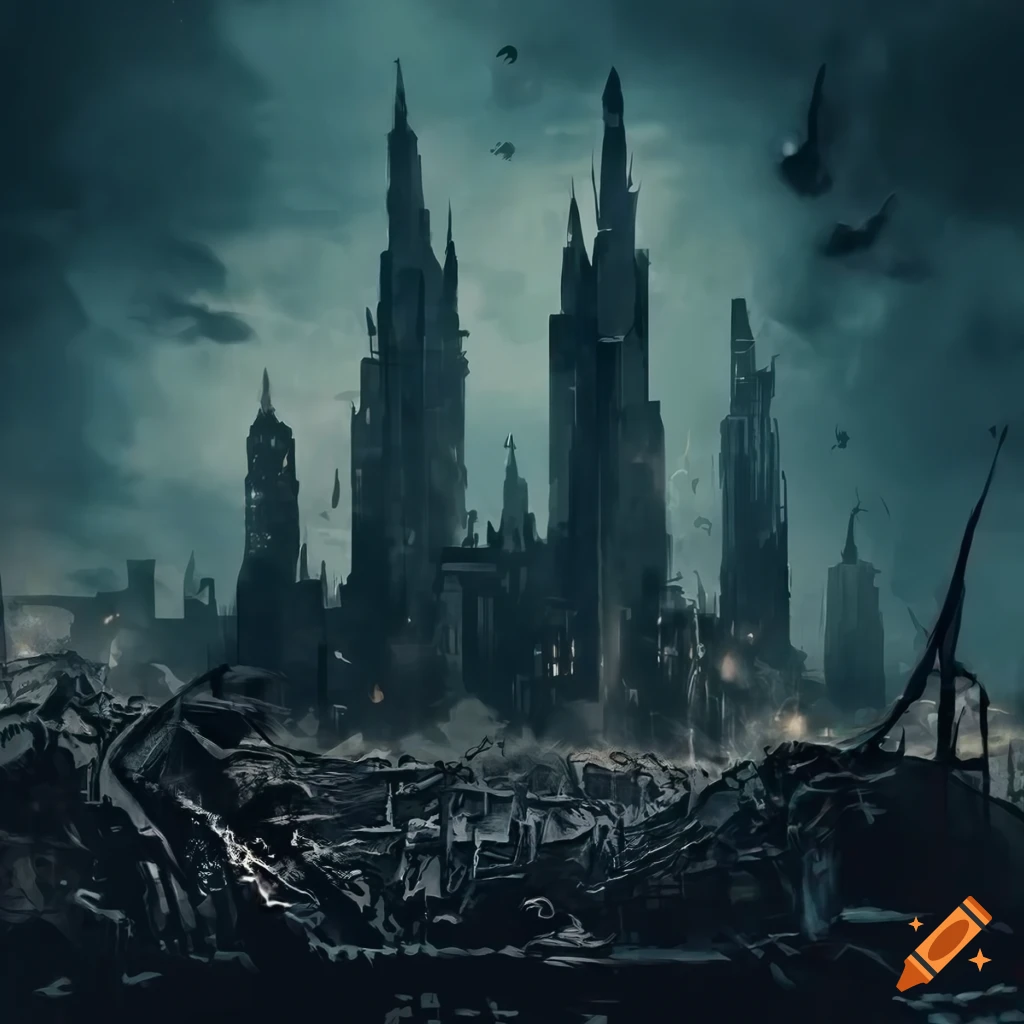 Destroyed city background for heavy metal festival poster on Craiyon