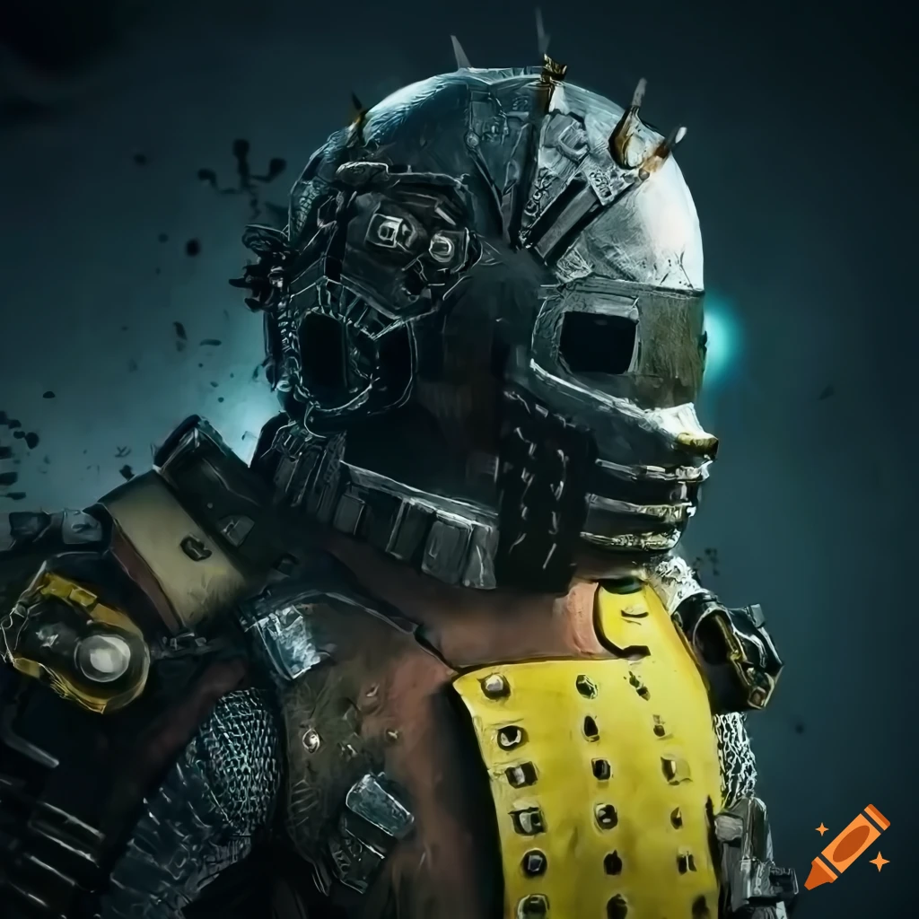 Close profile shot of a post-apocalyptic arbalist in bulky leather ...