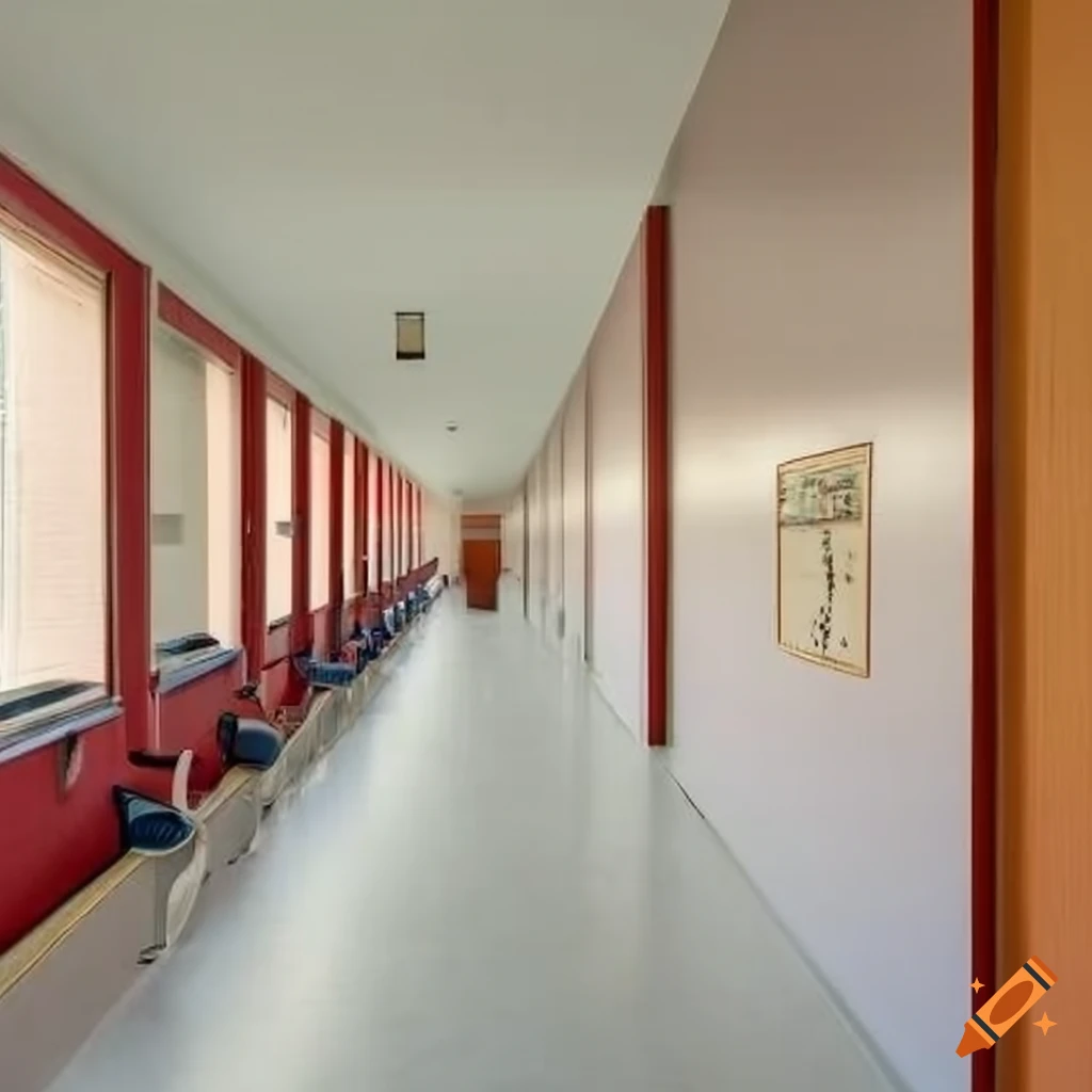 School corridor with classrooms and a hall on Craiyon