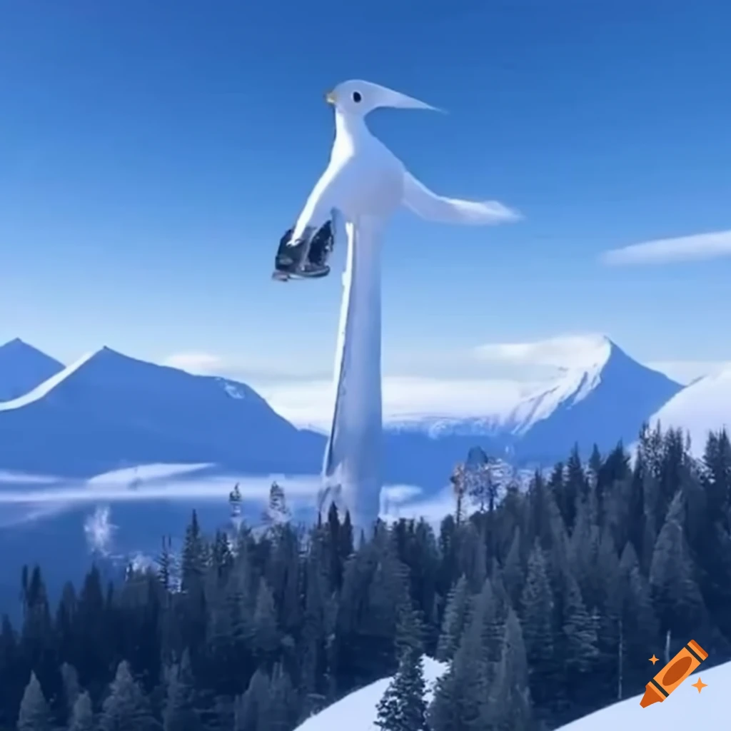 White bird man with huge beak standing on a snowy mountain on Craiyon