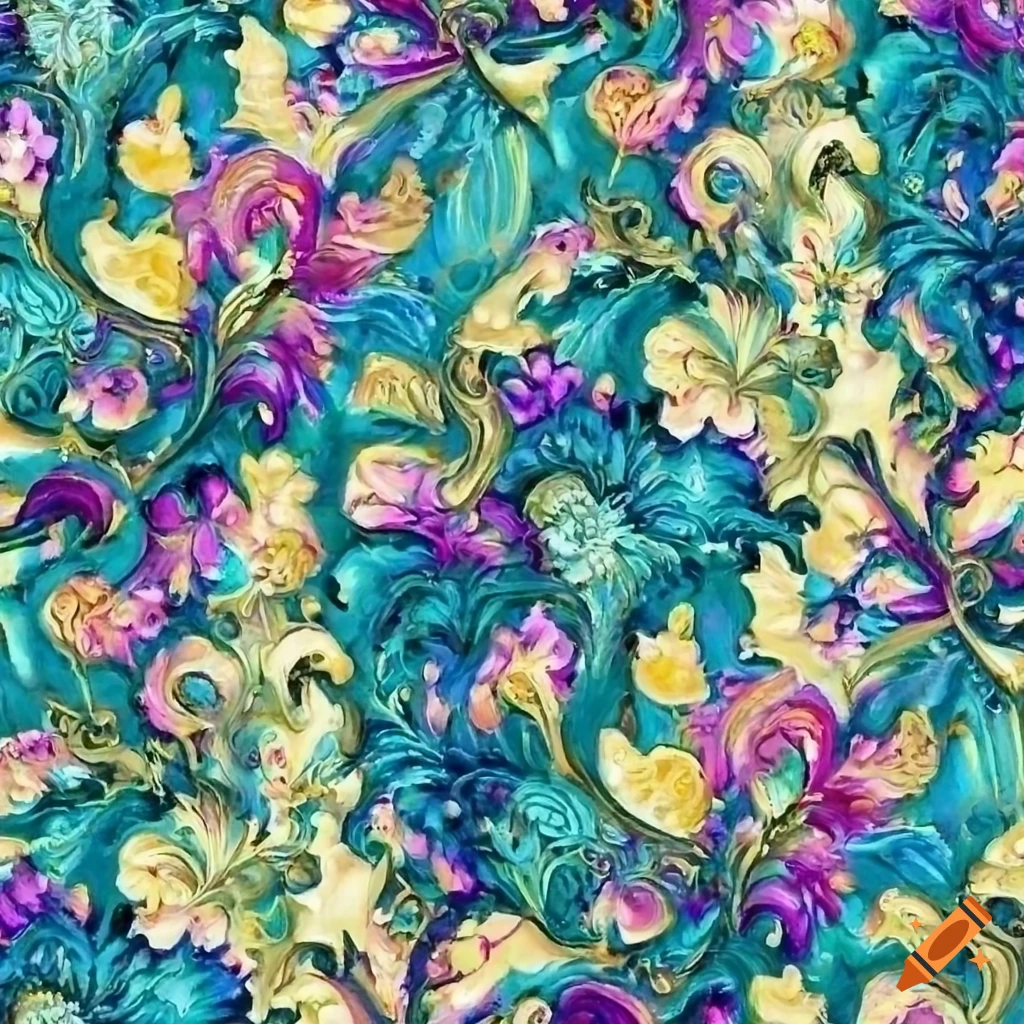 Iridescent funky rococo floral pattern in an intricate oil painting on ...