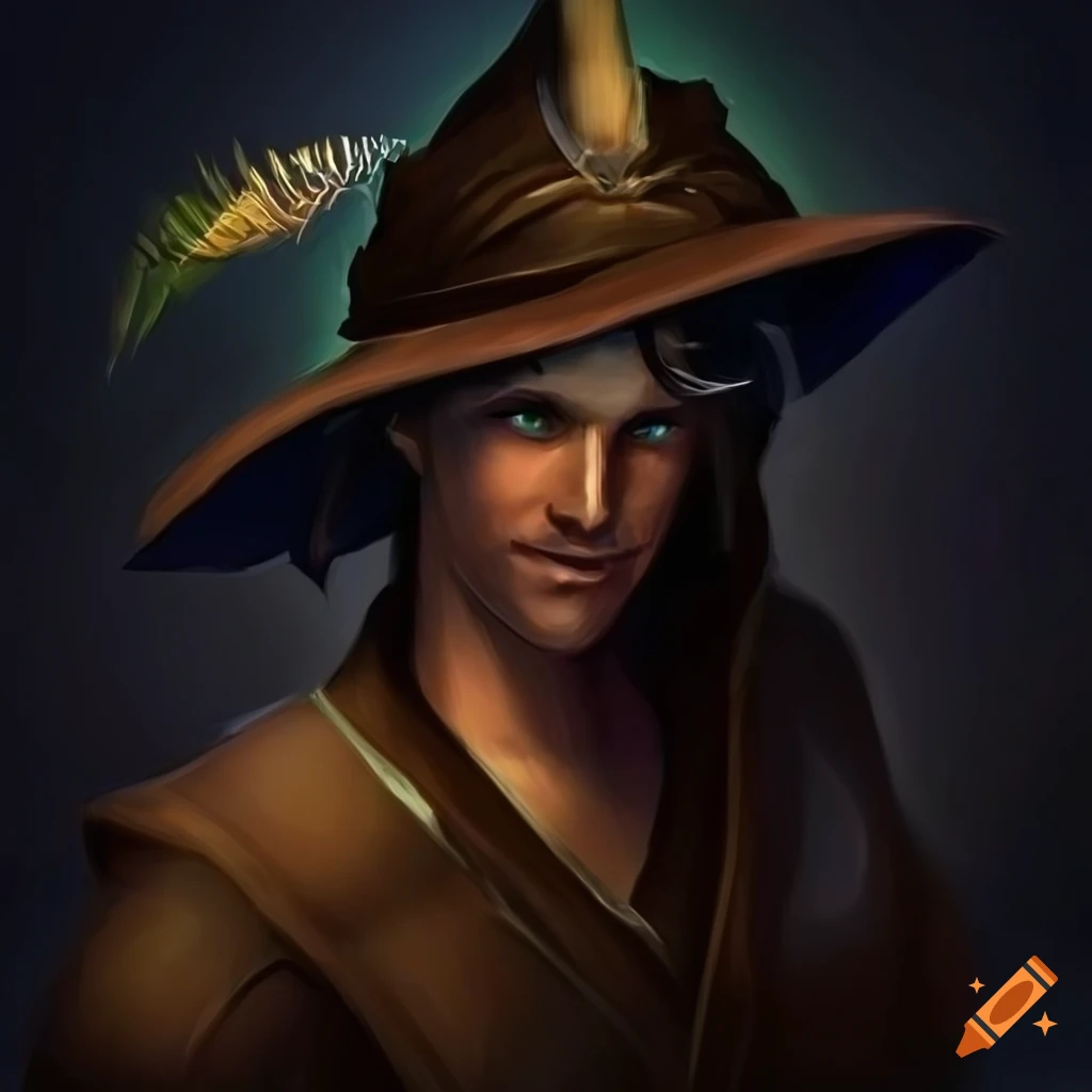 Handsome adventurer wizard with an oversized feathered hat in a fantasy ...