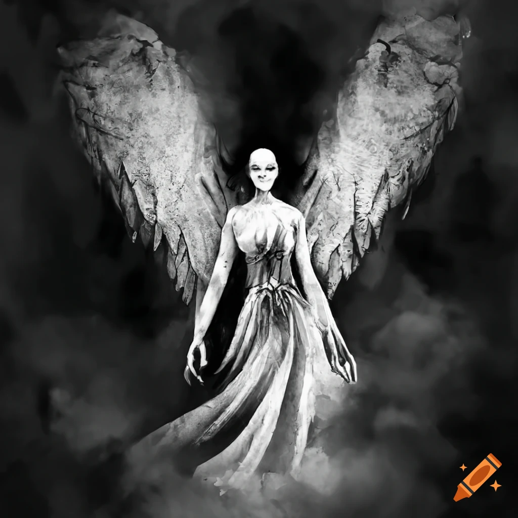 Dark angel in high contrast black and white illustration on Craiyon