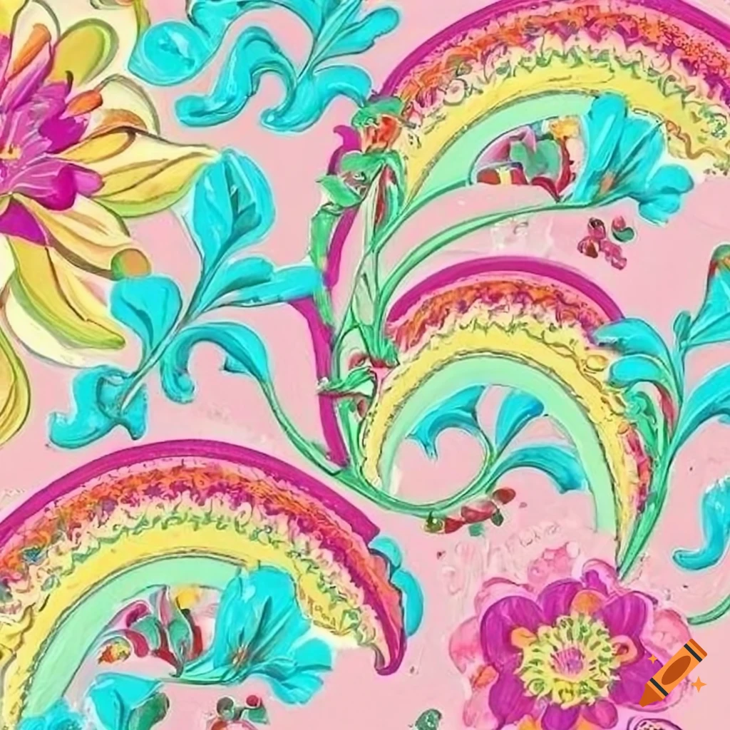 Rainbow pastel groovy rococo intricate floral pattern in oil painting ...