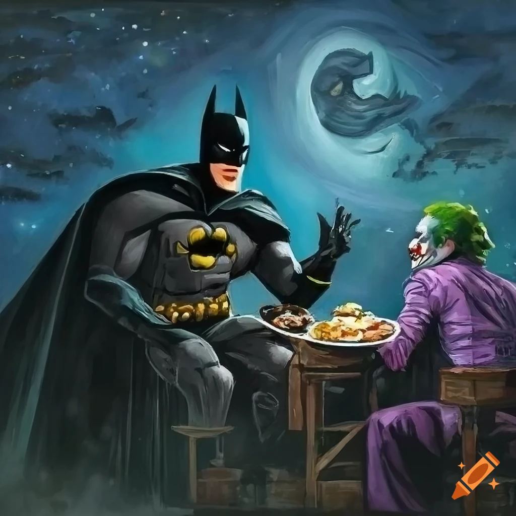 Batman and the joker having a meal under a starlit sky in a rustic ...