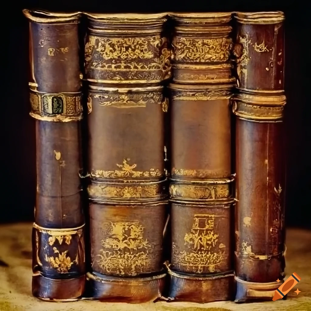 Row of antique vintage old books with detailed spines on Craiyon