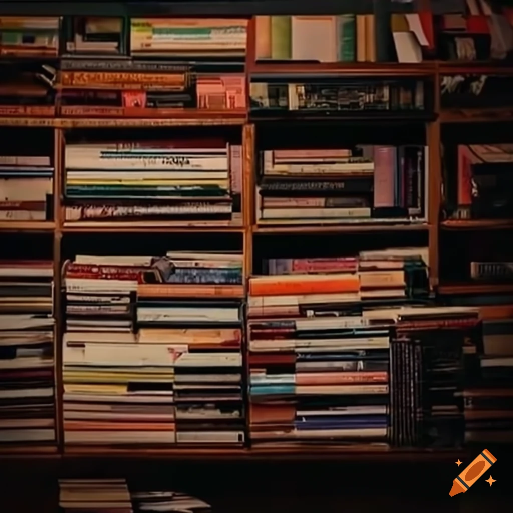 Messy 80s bookshelf with magazines on Craiyon
