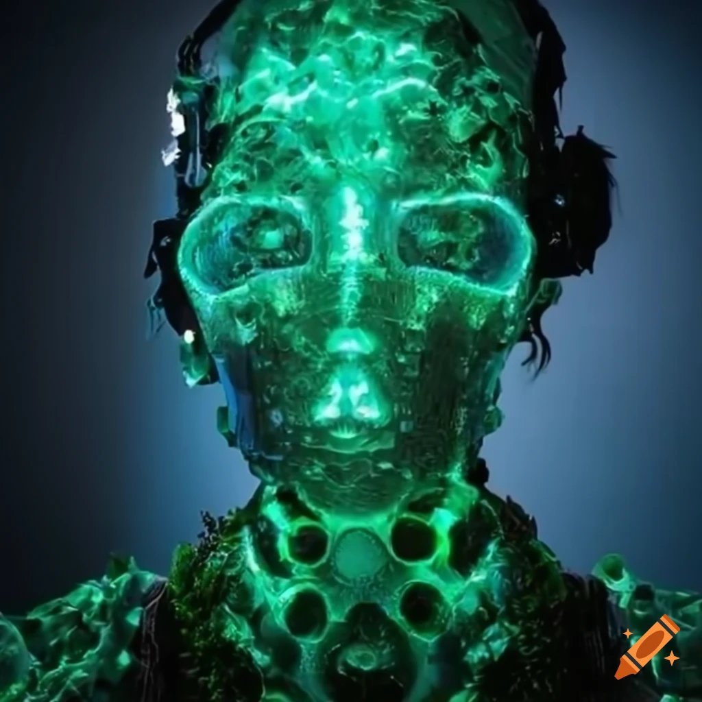 High-tech biopunk cyborg covered in glowing moss in a futuristic ...