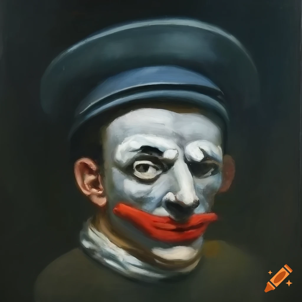 Grotesque oil painted portrait of a sad mime in renaissance style on ...