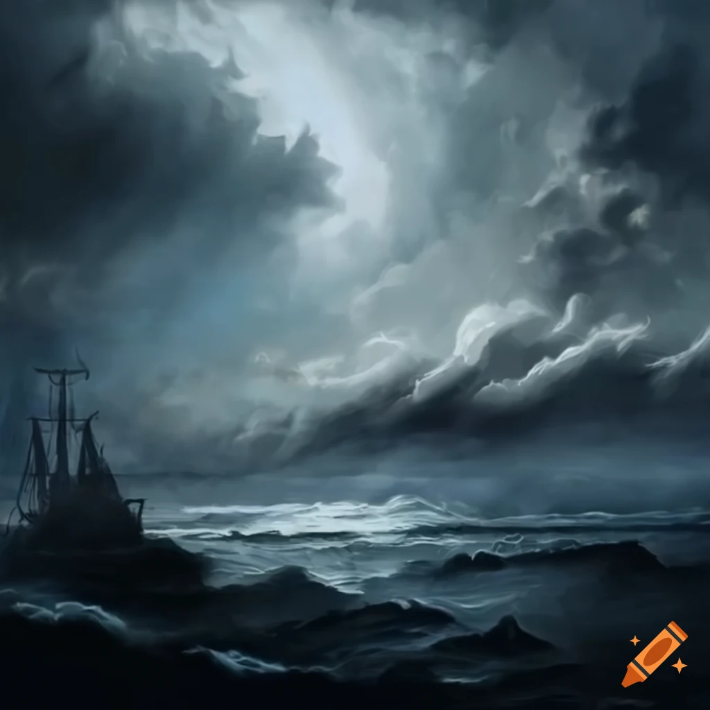 Medieval drawing of stormy sea with black clouds on Craiyon