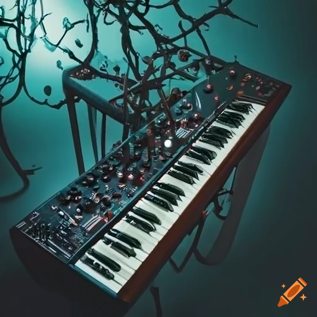 Modular synthesizer keyboard in a futuristic forest world on Craiyon