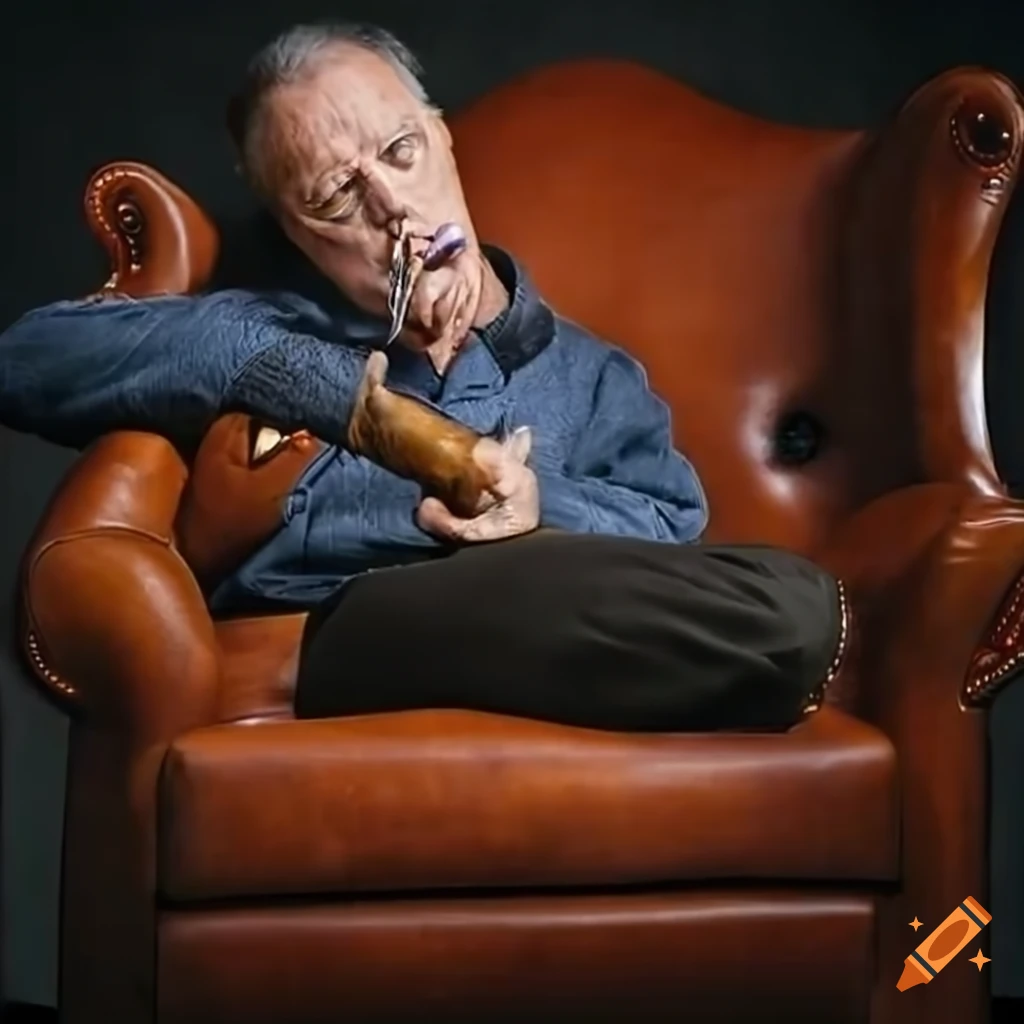 Pastor doug wilson enjoying a cigar in a leather wingback chair on Craiyon