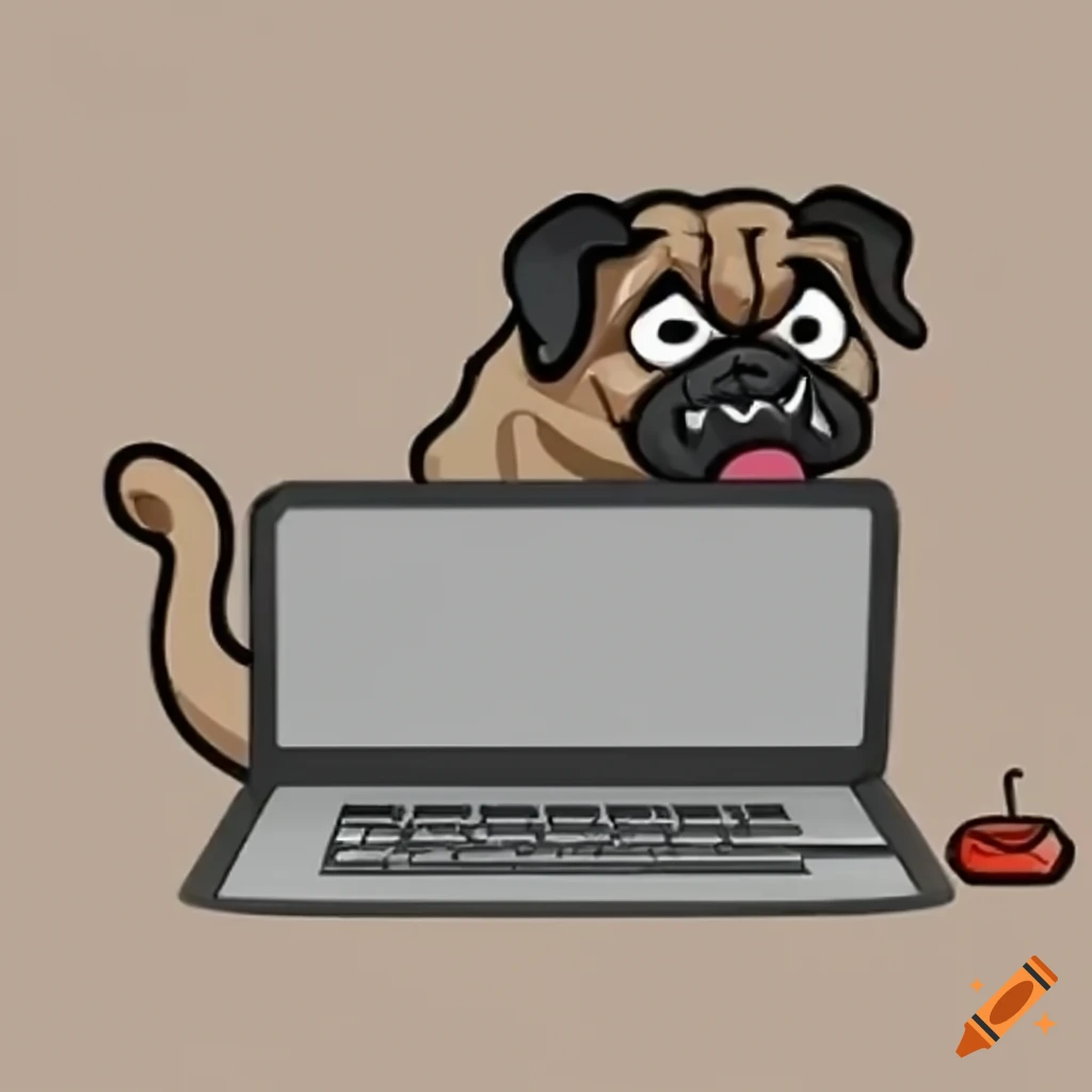 Angry pug working on a laptop in a cartoon style drawing on Craiyon