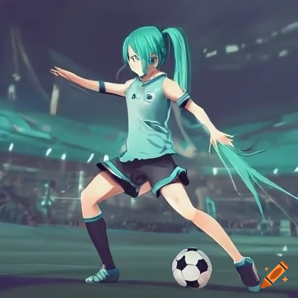 Miku Hatsune dribbling a football on the soccer field on Craiyon