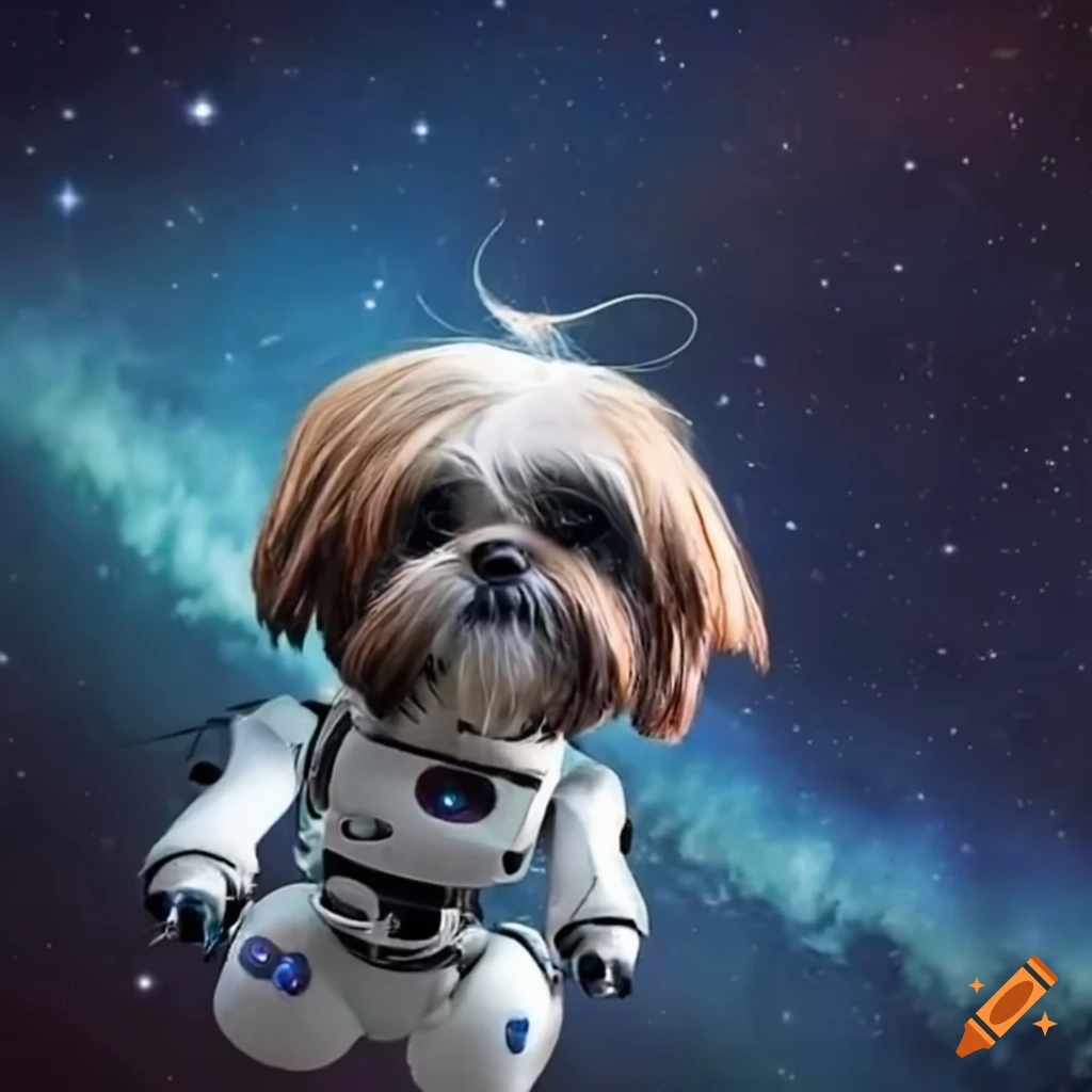 Robot shih tzu flying through space on Craiyon