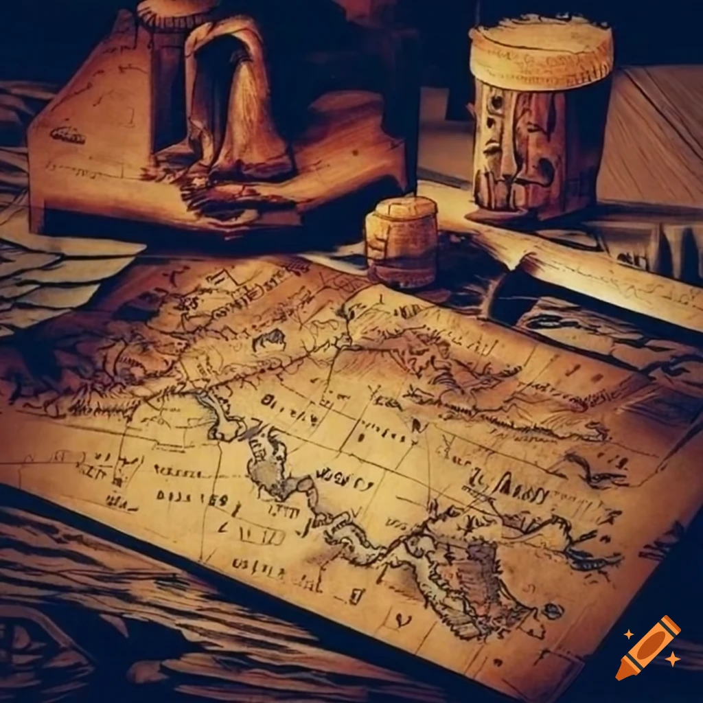 Medieval drawing of an old map on a table on Craiyon