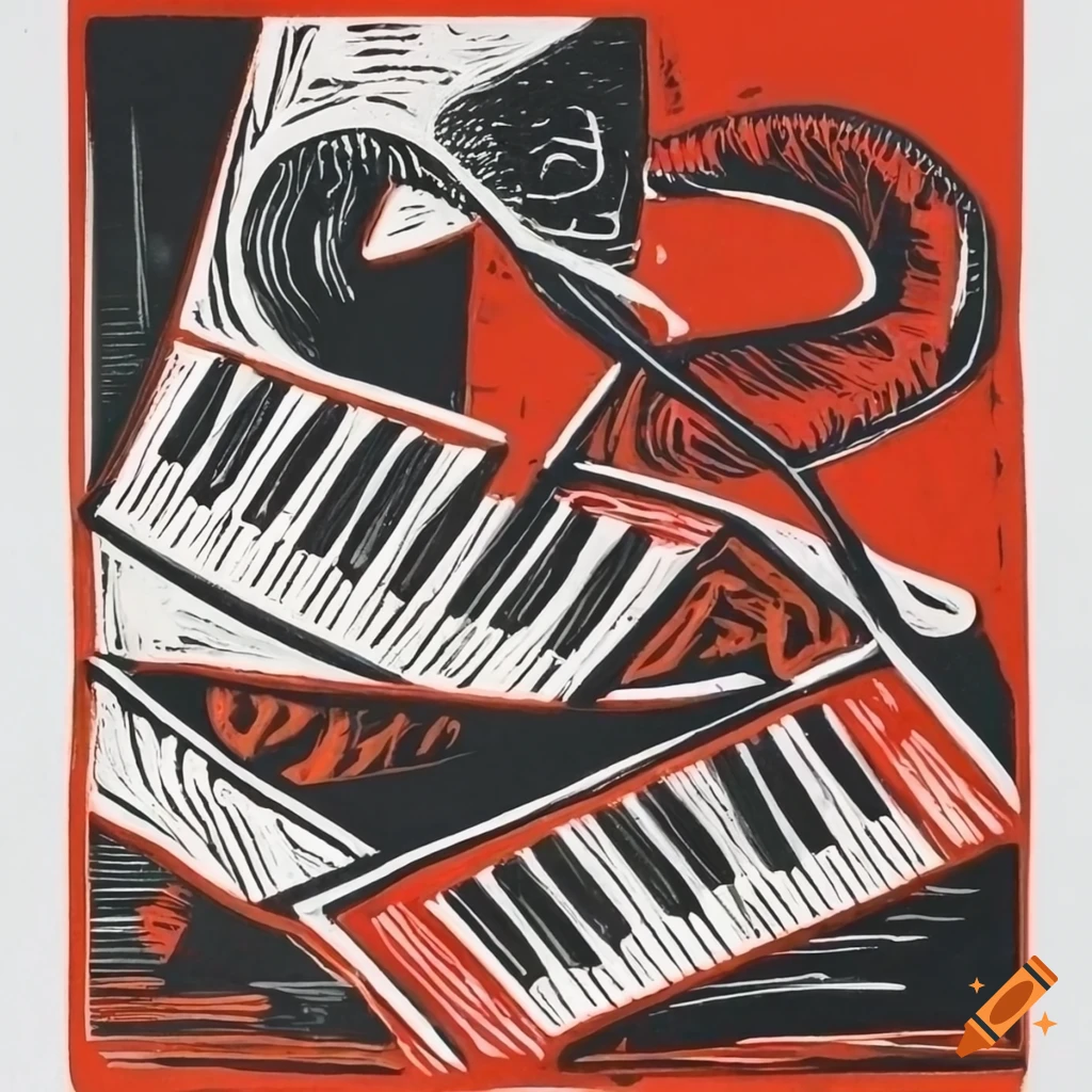 Lino print of piano keyboard with four hands in picasso style on Craiyon