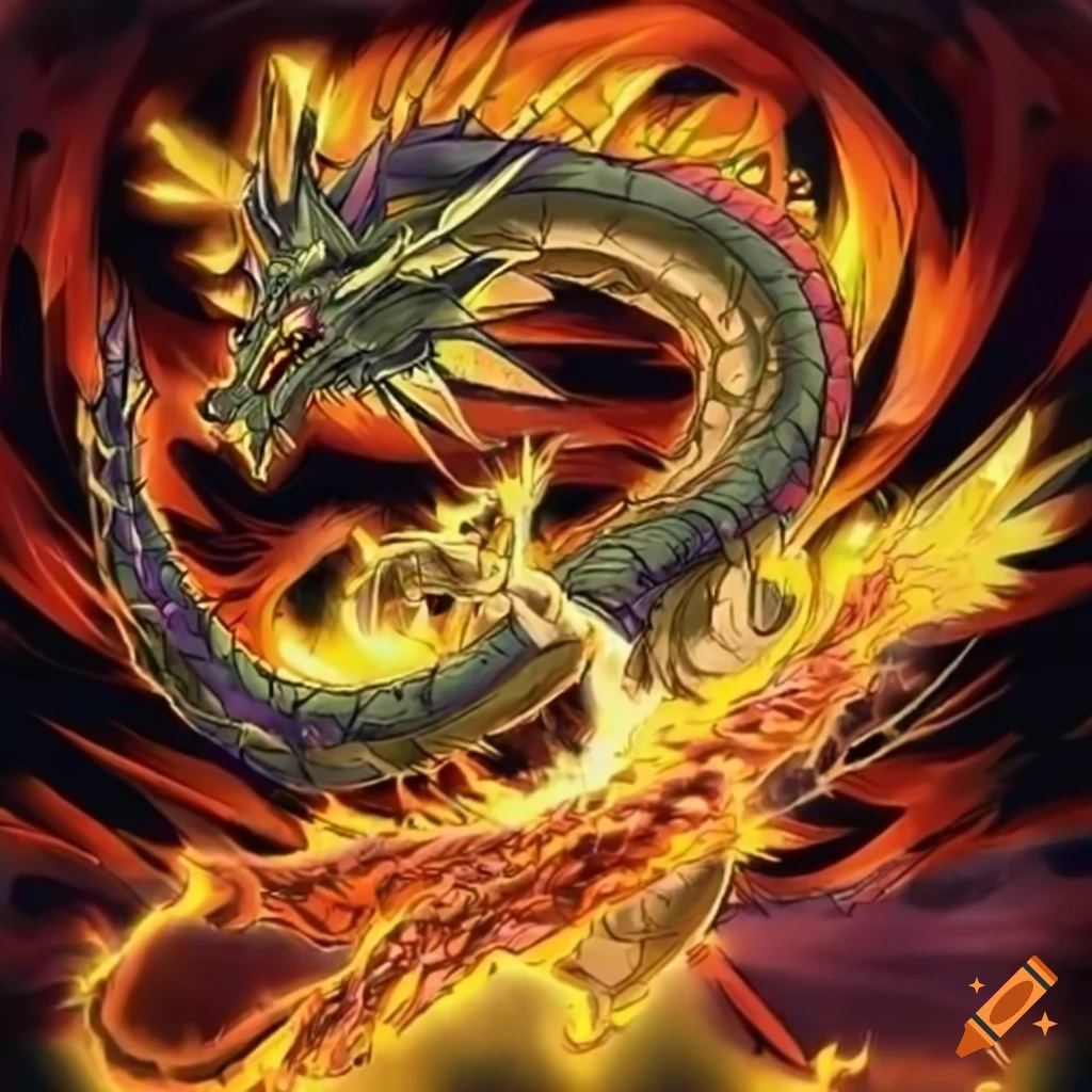 Yellow asian dragon breathing fire in yu-gi-oh art style on Craiyon