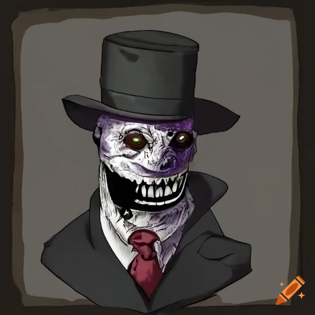 Creepy mafia boss with white marbles for eyes and toothy smile, wearing ...