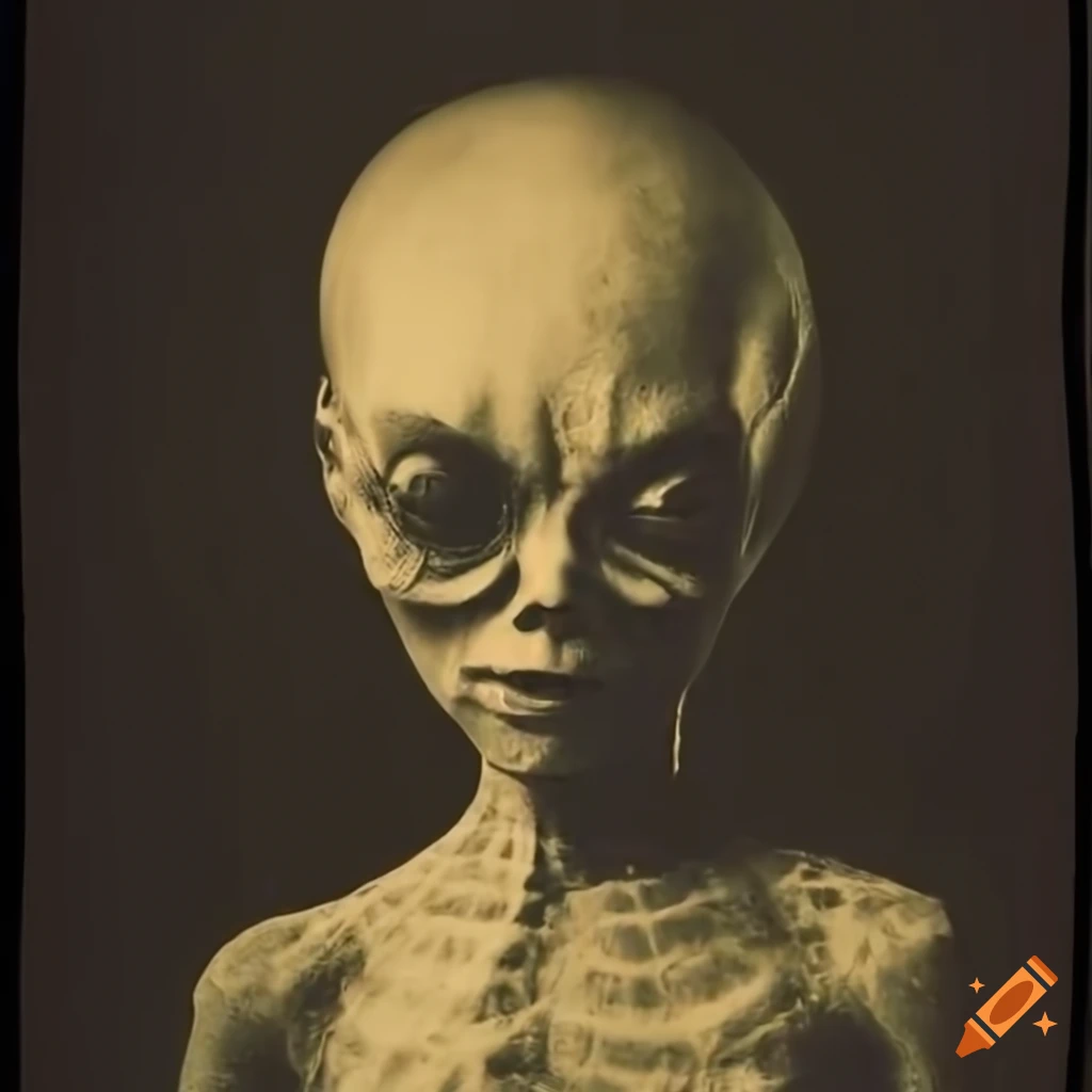 Worn 1900's photograph of an alien with a big head, broken gear ...