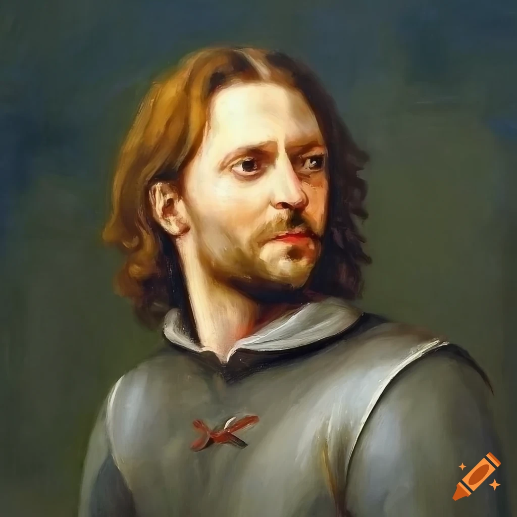 Portrait of a medieval prince wearing a grey tabard in an oil painting ...