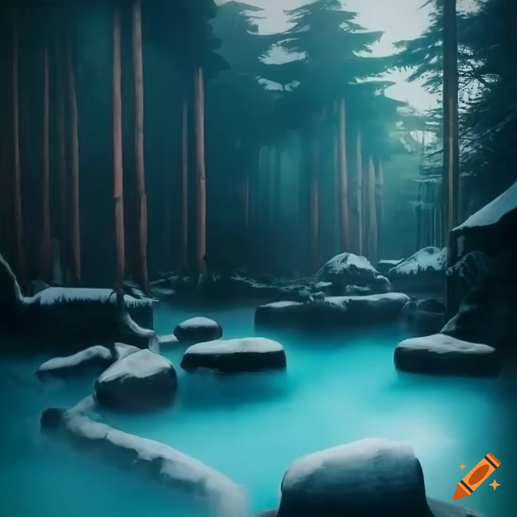 Zen forest, hot spring, white sand beach, steam, pagoda in winter on ...