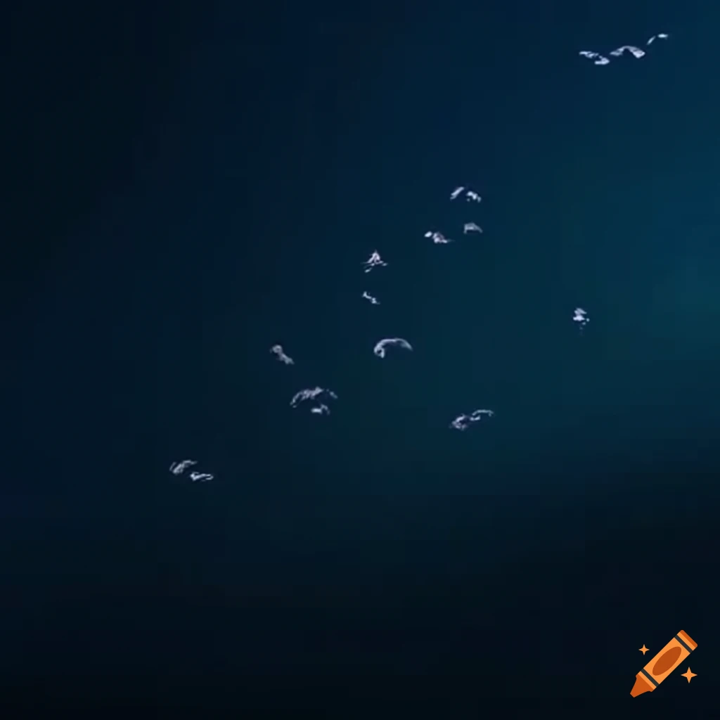 Flying creatures falling from the sky in the distance at night on Craiyon