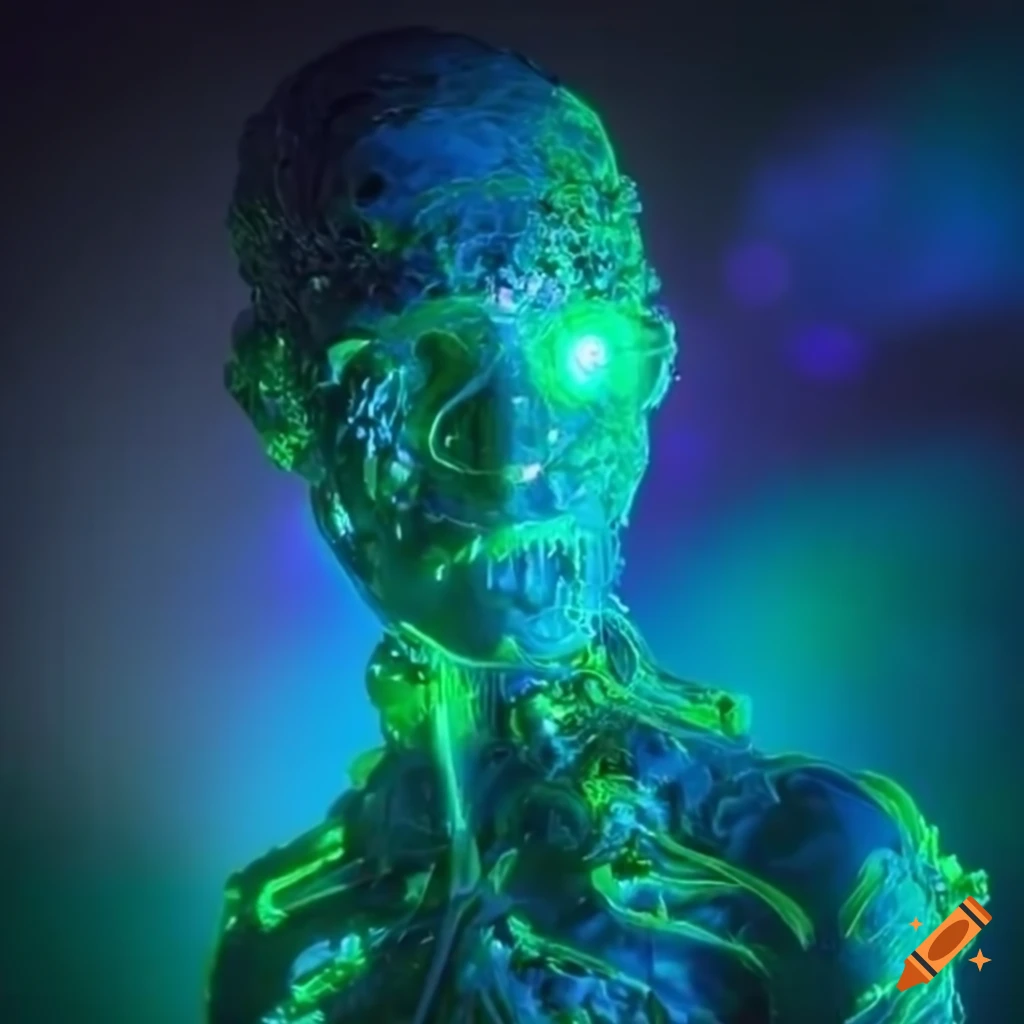 High-tech biopunk cyborg covered in glowing moss in a futuristic ...