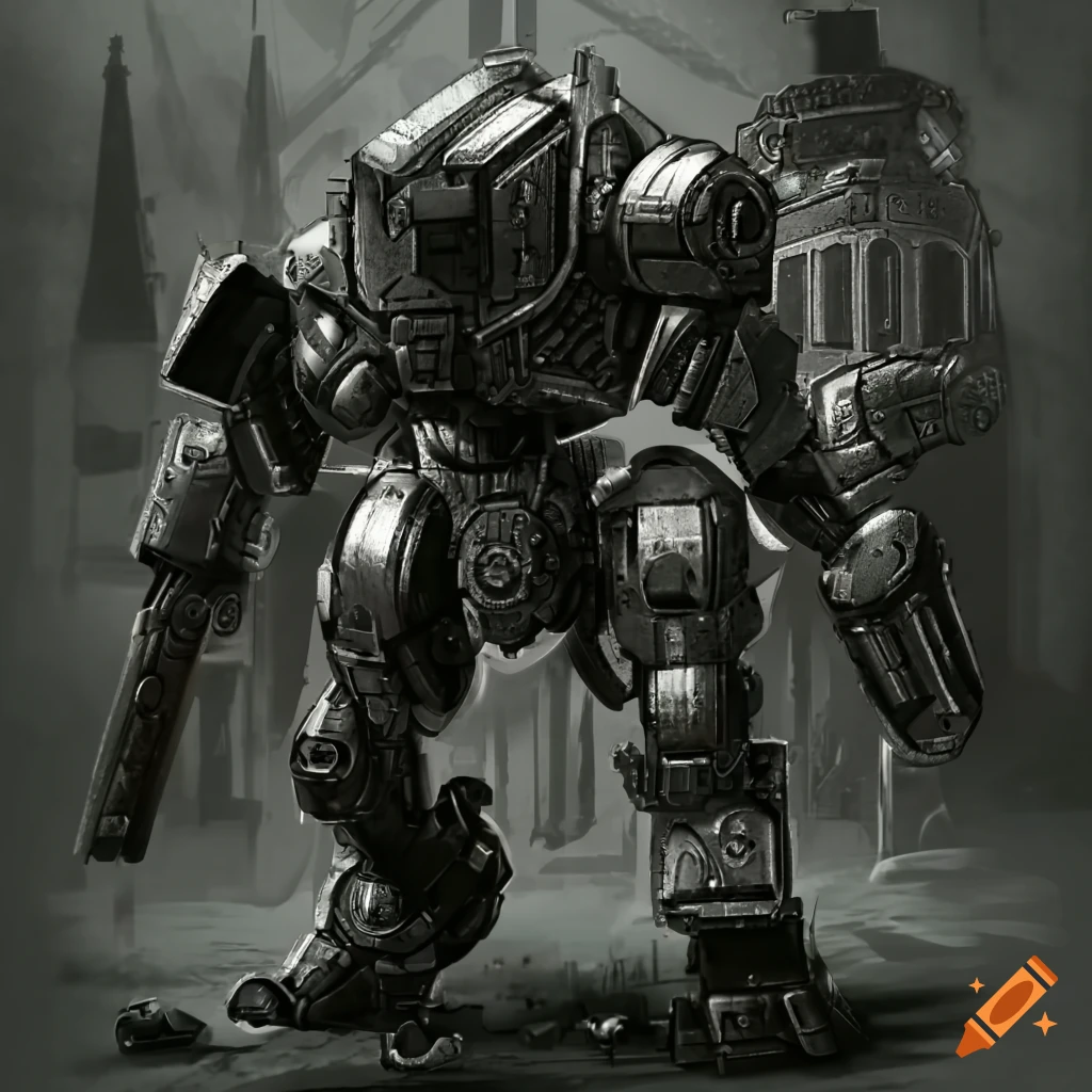 Steampunk mech with harpoon and shoulder-mounted gun in medieval city ...