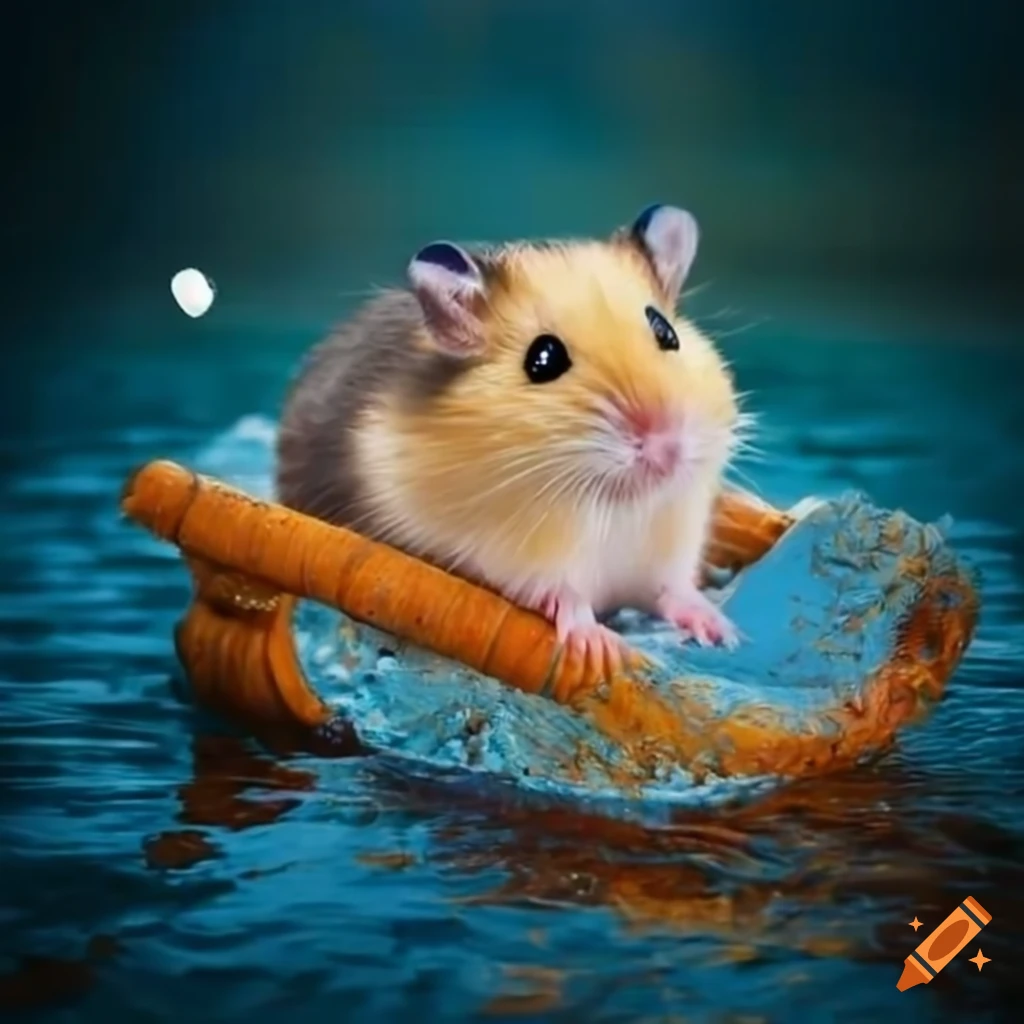 Adventurous hamster on a raft lost at sea on Craiyon