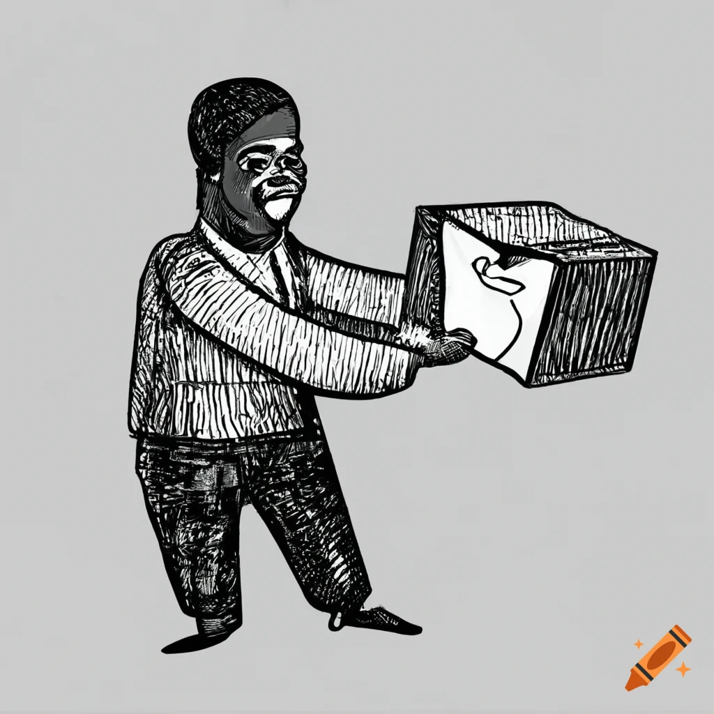Man opening mail packages in a handrawn black and white cartoon on Craiyon
