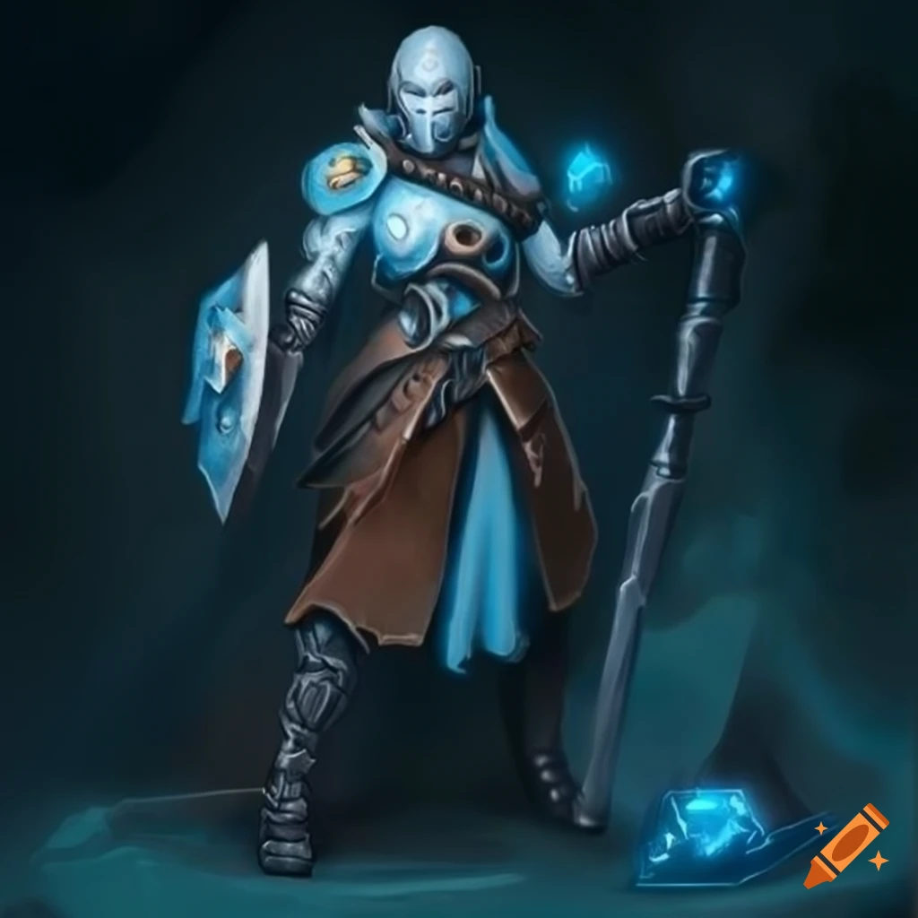 Warforged artificer with ice blue eyes wielding a shield on Craiyon