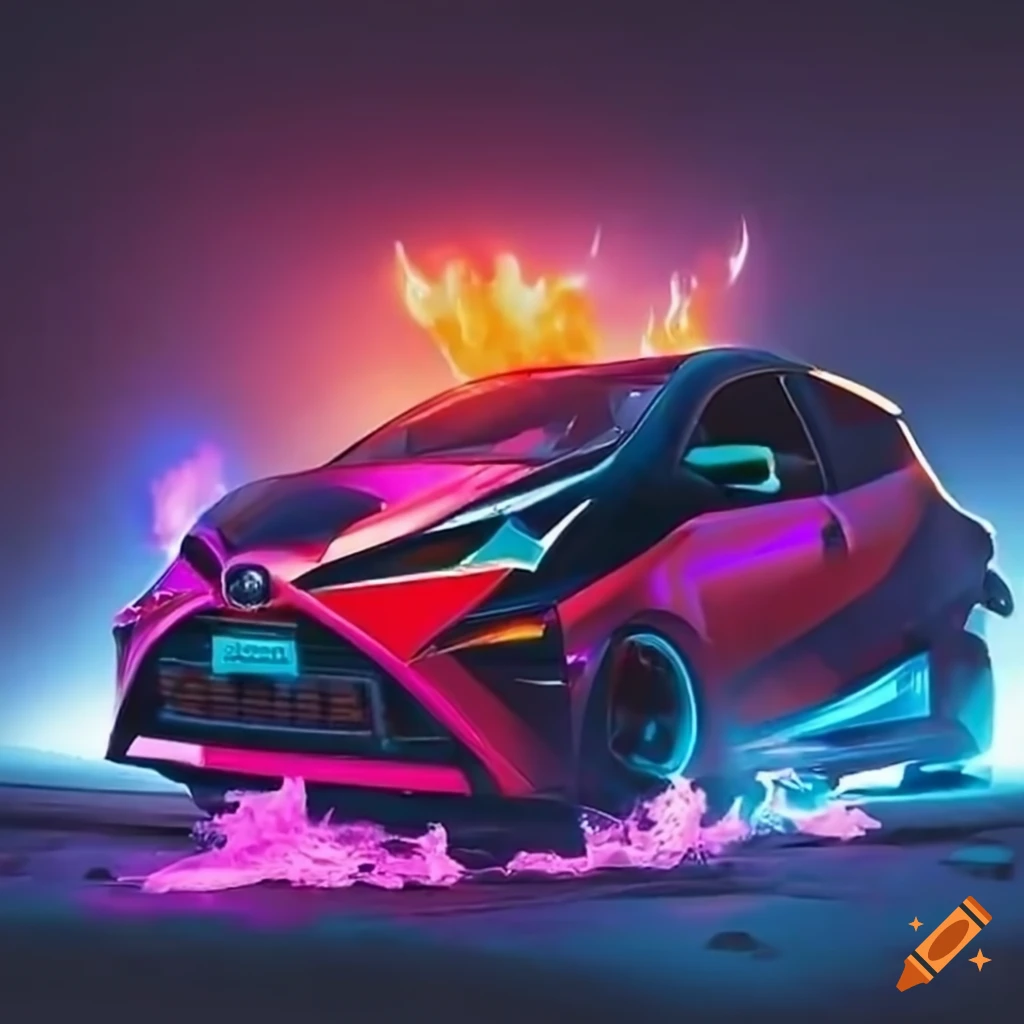Fast Toyota Aygo with flames in a cyberpunk style on Craiyon