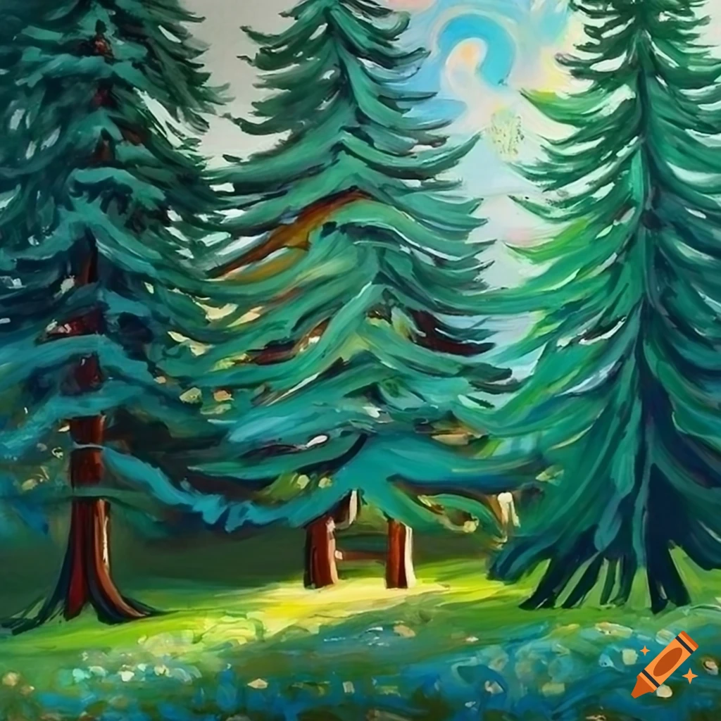 Evergreen trees paintings on Craiyon