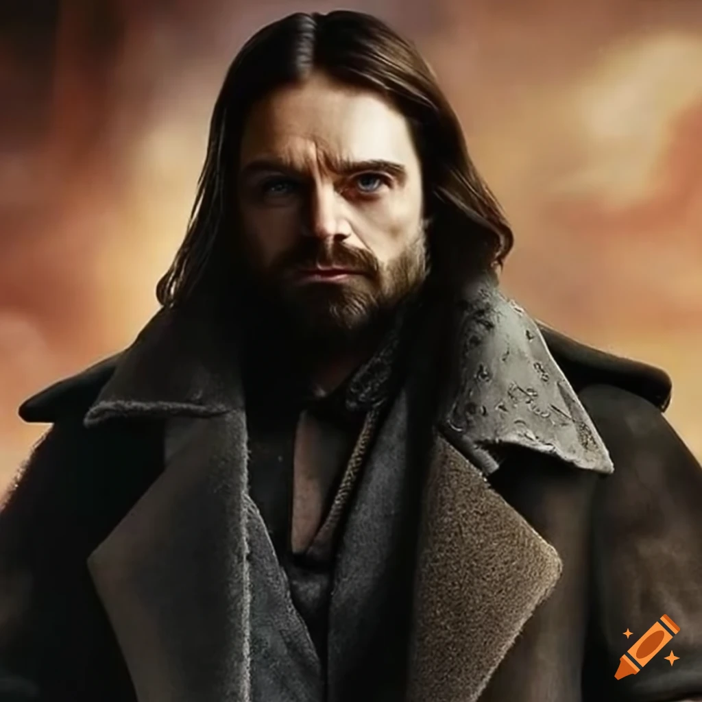Charming action hero sebastian stan in a fantasy role with long black beard and gray coat on Craiyon