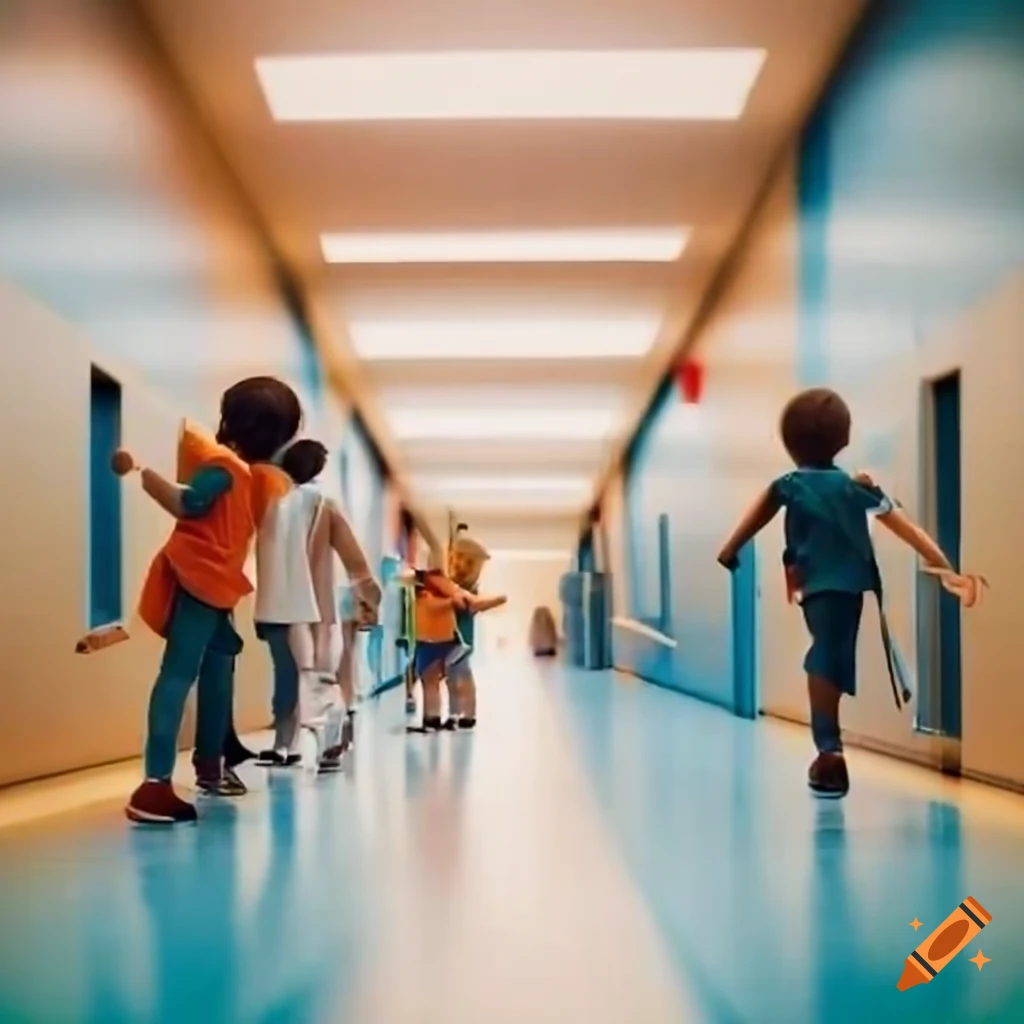 Multicultural children interacting in a school hallway during recess on ...