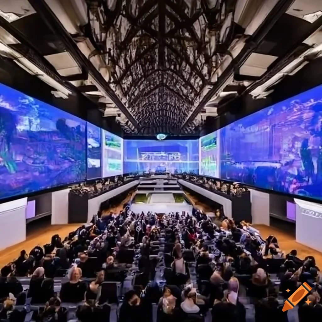 Future world leaders in a high-tech conference hall for a world ...