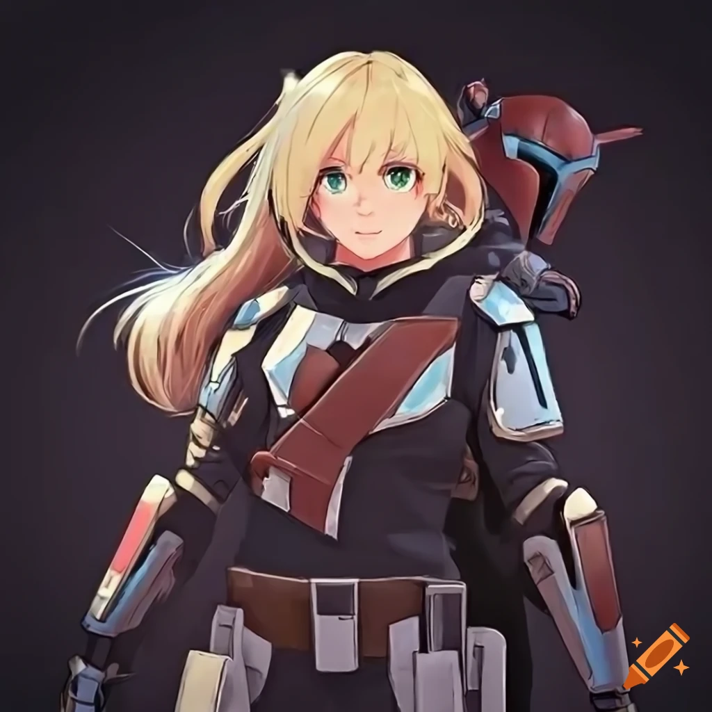 Fierce anime girl in mandalorian armor standing in spaceship cockpit on ...