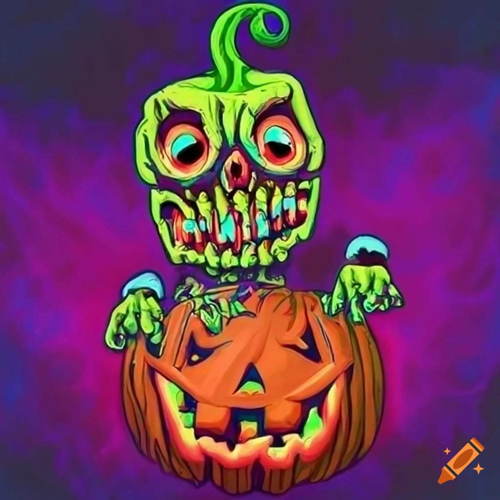 Psychedelic zombie Jack o lantern with vibrant background on Craiyon