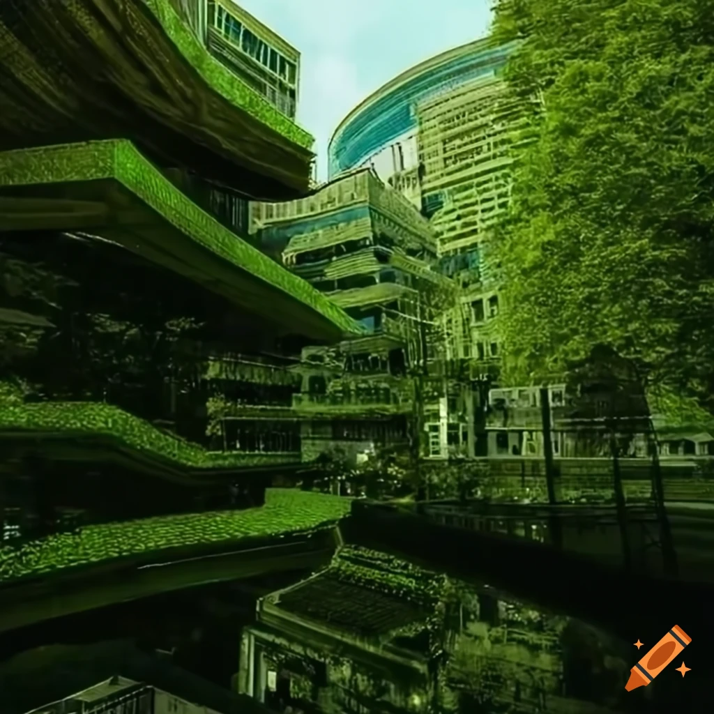 Window view of a futuristic solarpunk city skyline and trees on Craiyon