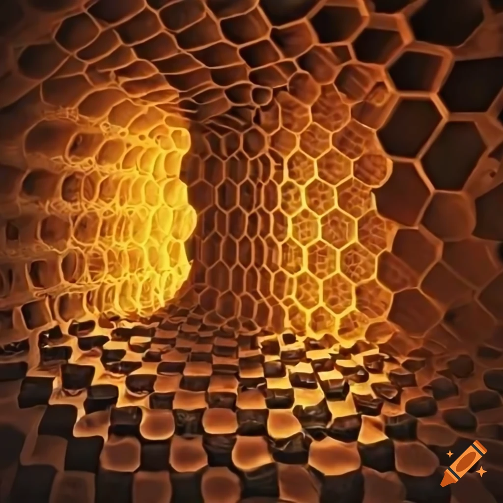 Giant beehive with honeycomb walls in a large chamber on Craiyon