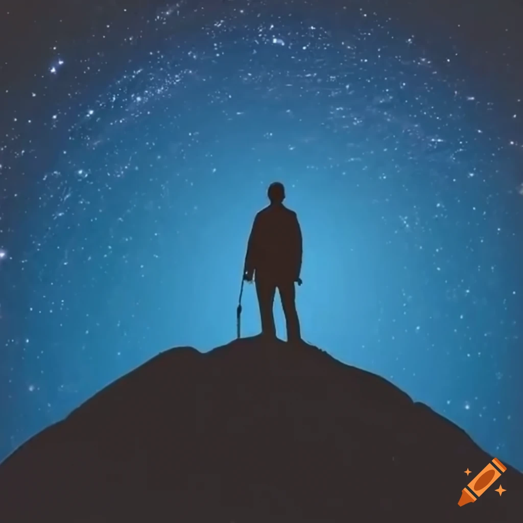 Silhouetted man standing on a small earth, with stars following the ...