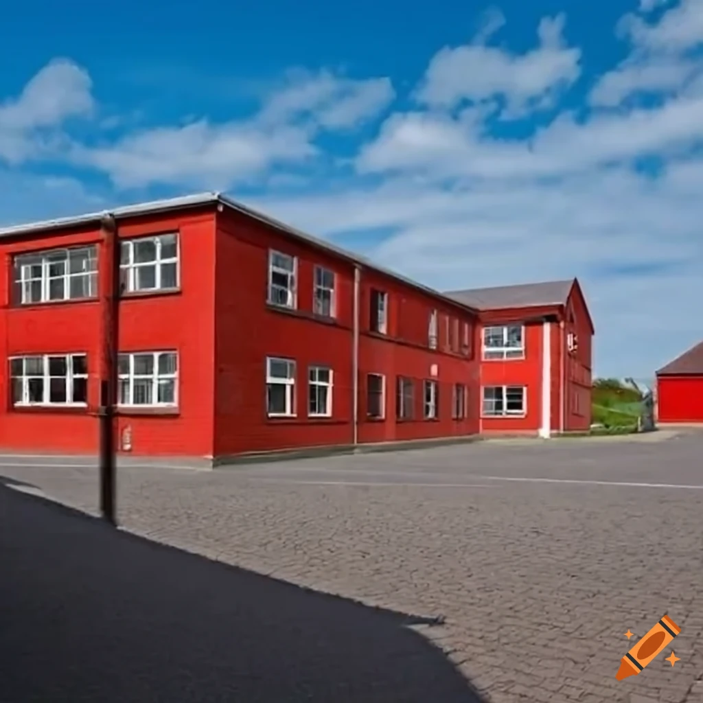 Two-story school buildings with a grey yard in the middle on Craiyon