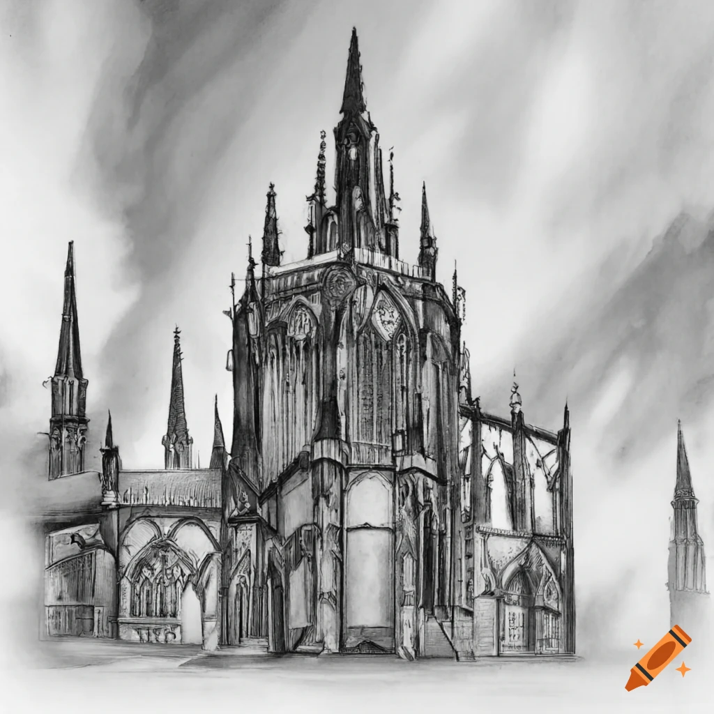 Contemplative academic drawing of Coventry Cathedral in intricate black ...
