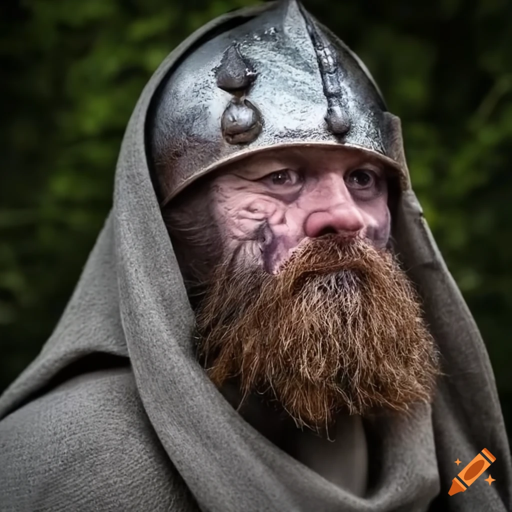 Anglo-saxon warrior with a beard and scars wearing a hood on Craiyon