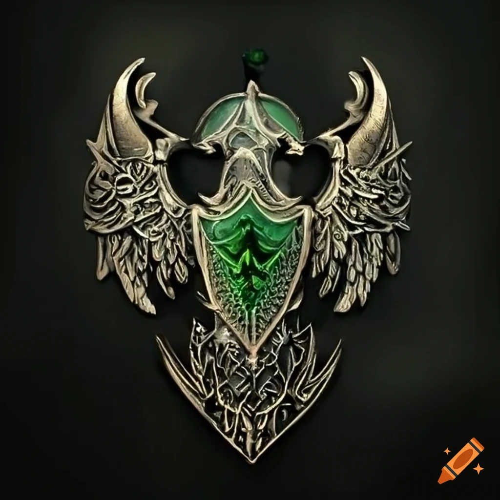 Heraldic emblem for elven knight in black metal with dark green accents ...