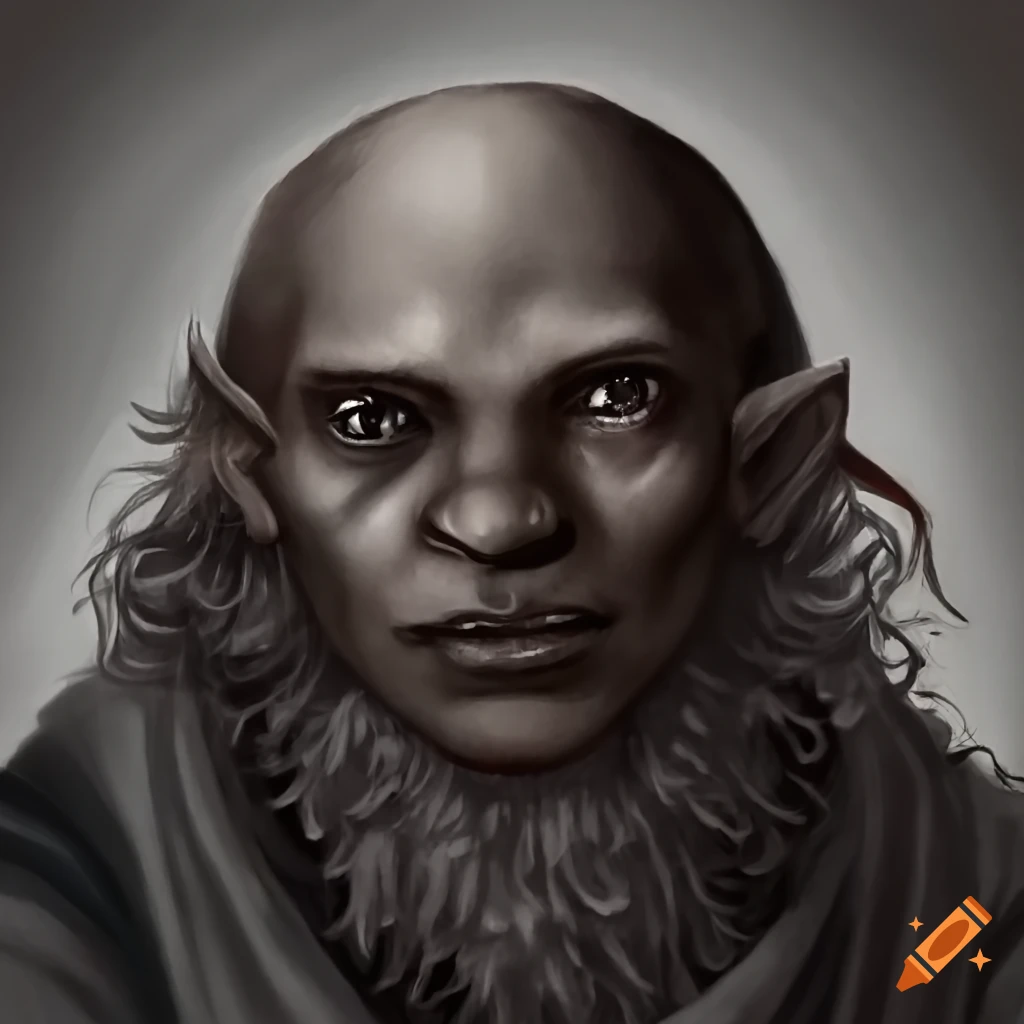 Bald halfling with salt and pepper beard and dark skin on Craiyon