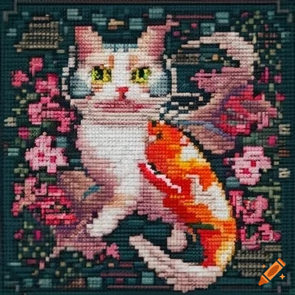 Koi fish cat hybrid with chinese coins and cherry blossom border in ...