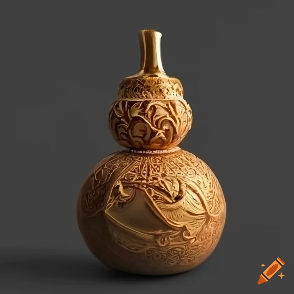 Intricately carved gourd bottle with a golden lid on Craiyon