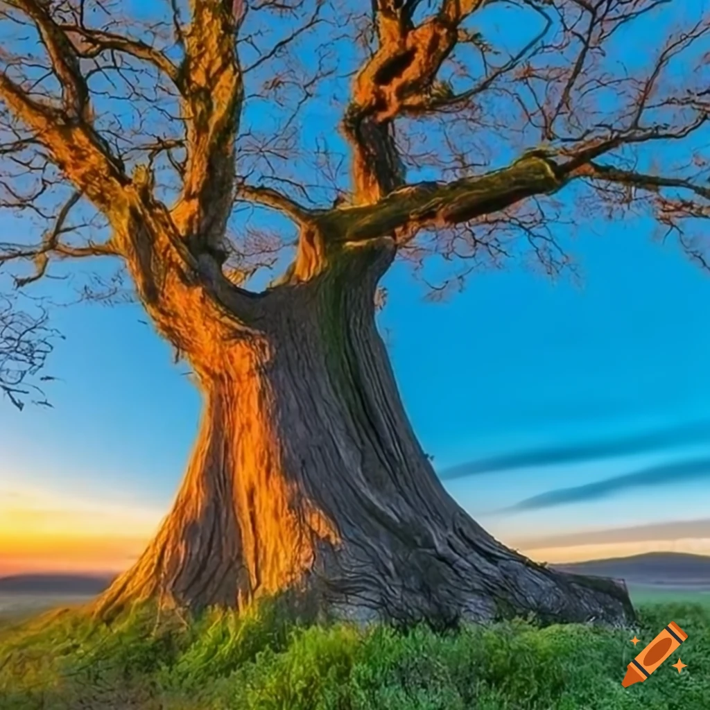 Old oak tree at sunset with a crow perched on it on Craiyon